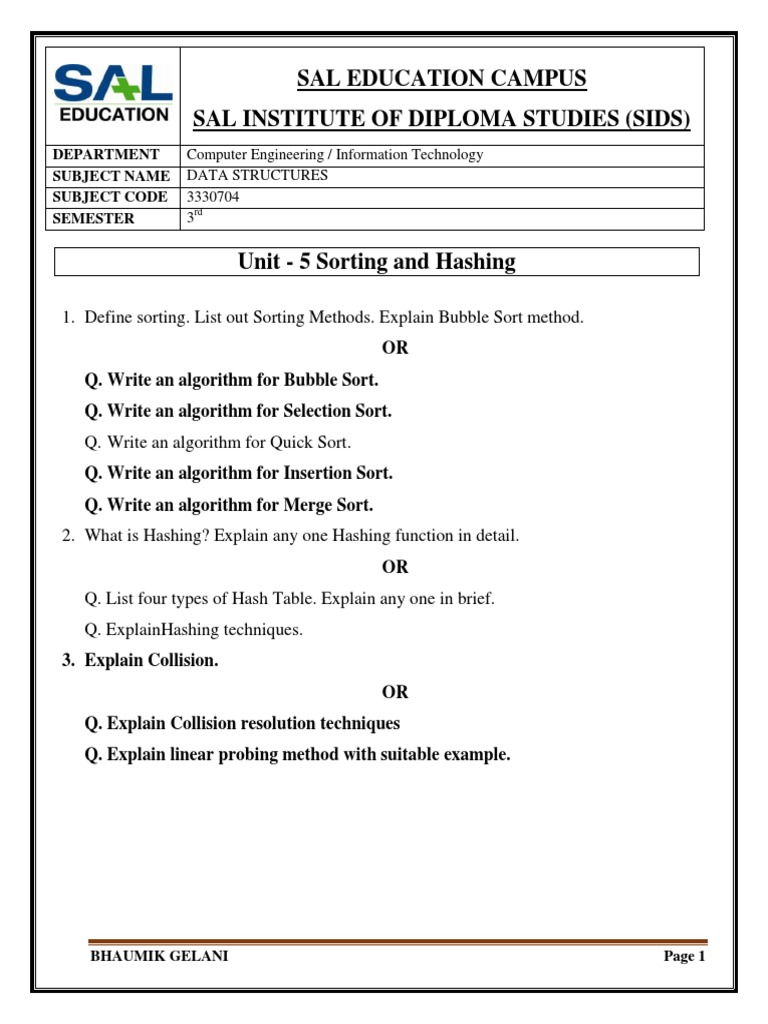 Unit 5 Sorting And Hashing Pdf Array Data Structure Computer Data