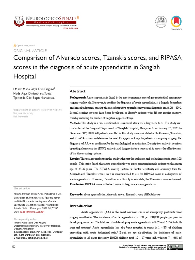 Comparison of Alvarado Scores, Tzanakis Scores, and Ripasa Scores in The Diagnosis of Acute ...