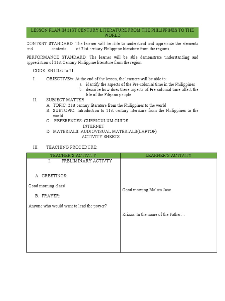 Lesson Plan in 21ST Century Literature F | PDF | Lesson Plan | Learning
