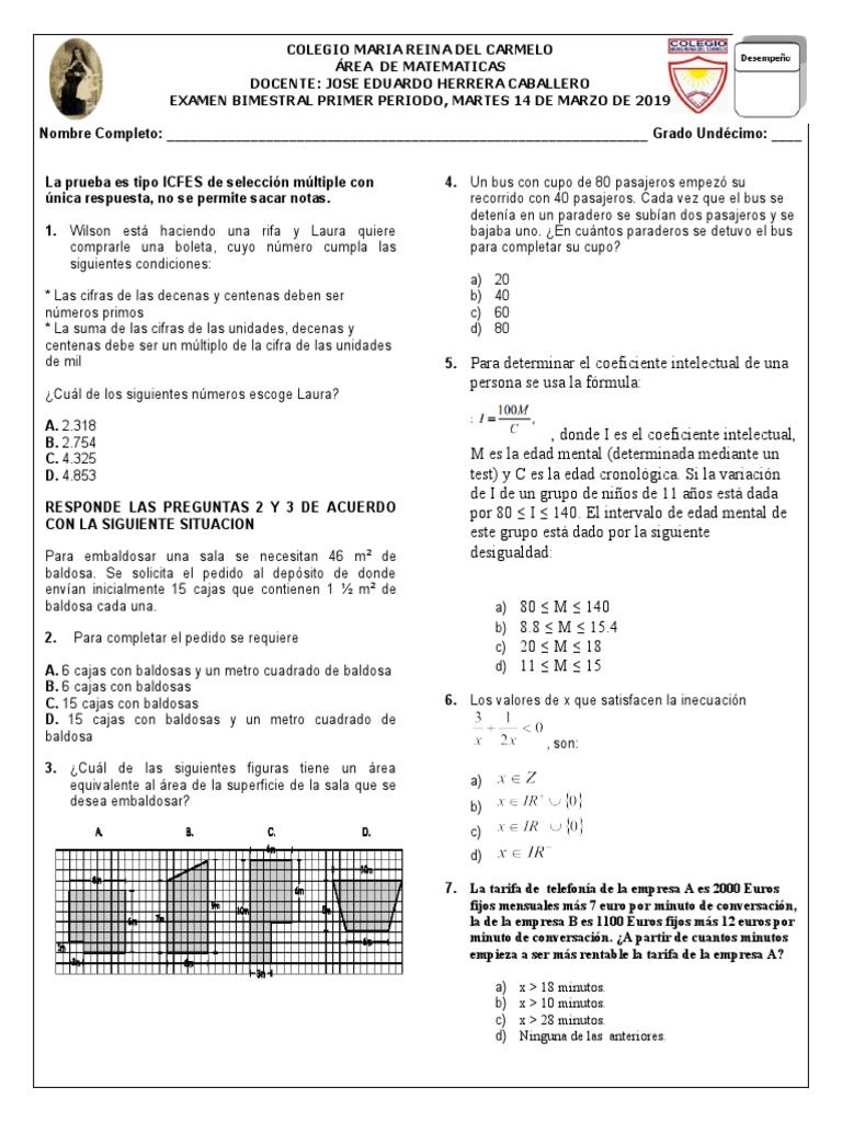 Bimestral 11 MATEMATICAS CMRC Año 2019 | PDF