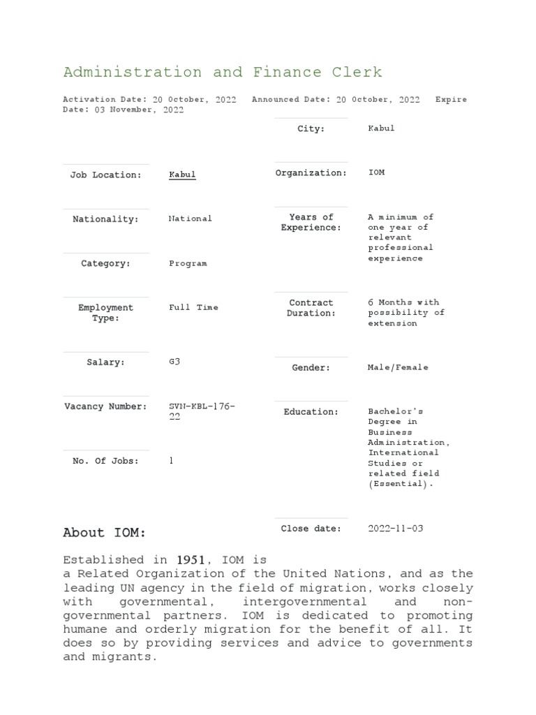 Administration And Finance Clerk Pdf International Organization For