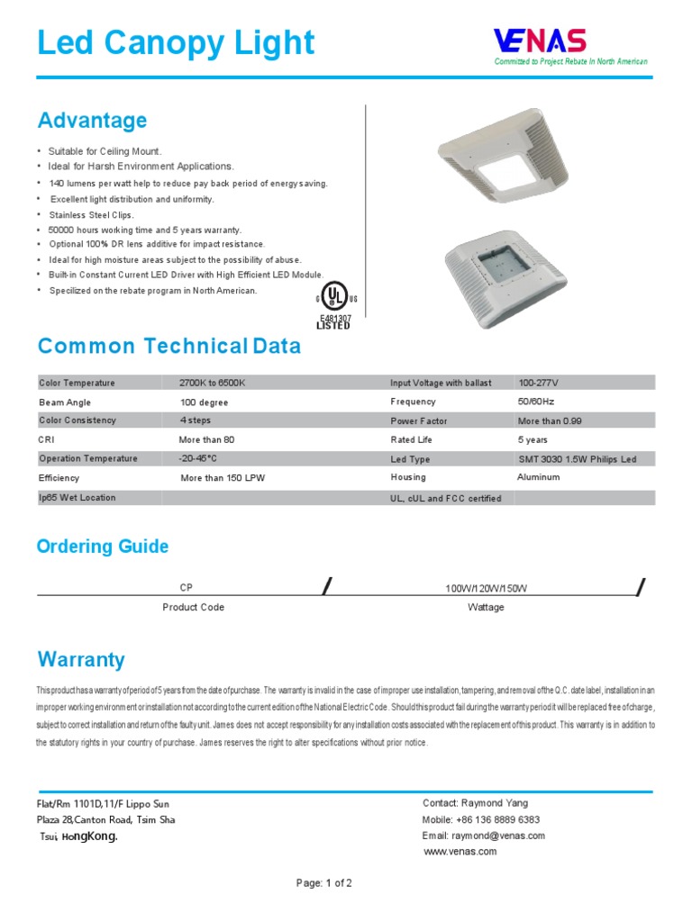 LED Canopy Light Specifications | PDF | Quantity | Metrology