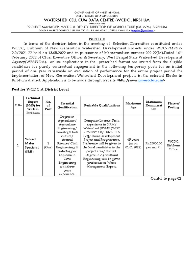 Watershed Cell Cum Data Centre (WCDC), Birbhum: Notice | PDF