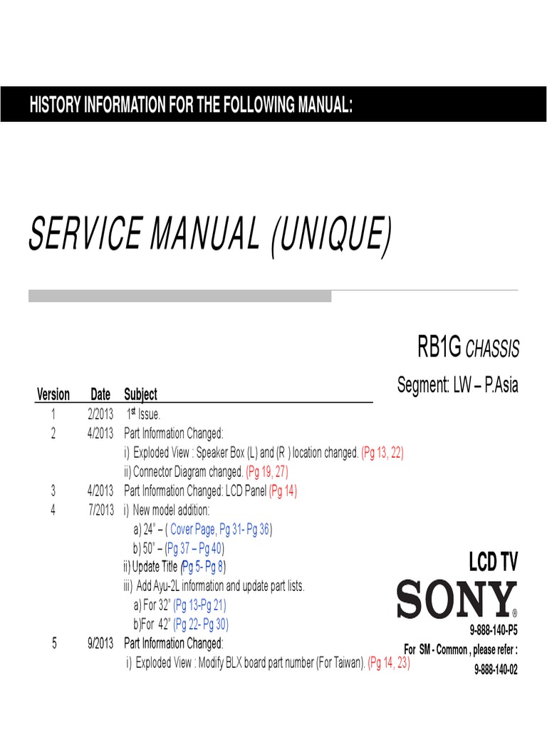Sony Kdl-24-32w600a 32-42w650a 32-42-50w654a 32-42w658a 32-42w670a 32-42w674a Chassis rb1g Segm ...