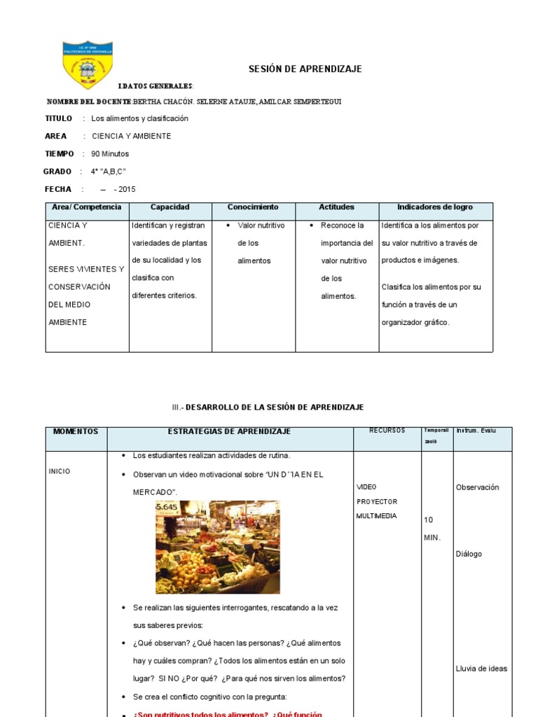 Sesion de Aprendizaje 4T0 Grado Los Alimentos | PDF | Aprendizaje | Alimentos