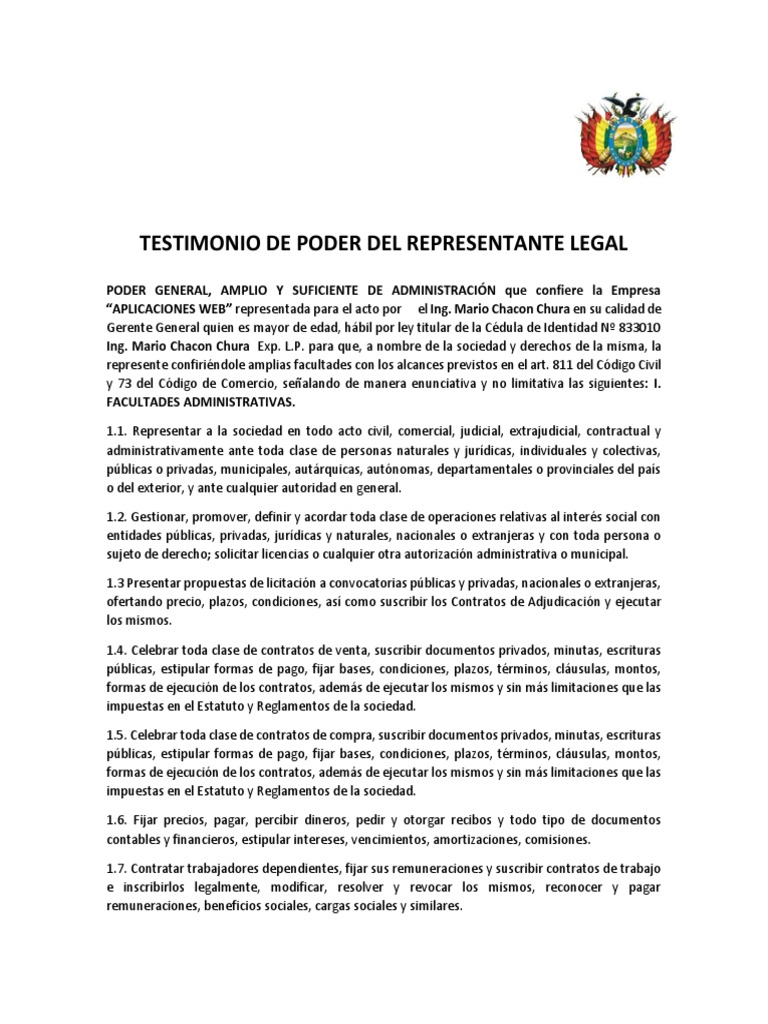 Testimonio de Poder Del Representante Legal | PDF | Bancos | Cheque