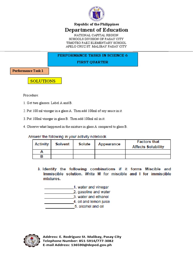 Quarter 1 Performance Task in Science | PDF | Mixture | Physical Chemistry