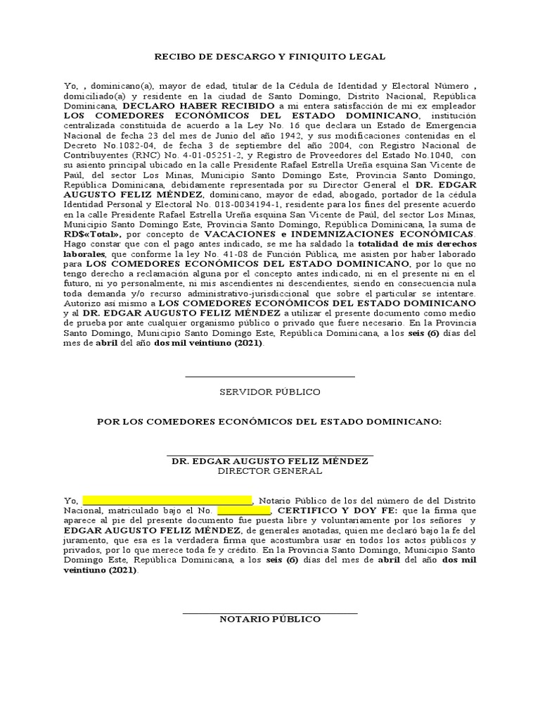 Modelo de Descargo y Finiquito Legal | Descargar gratis PDF | República ...
