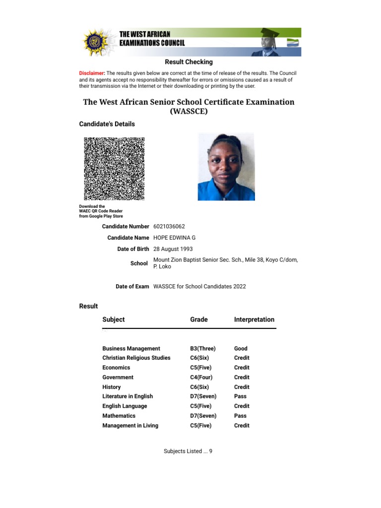 Edwina WASSCE Result | PDF