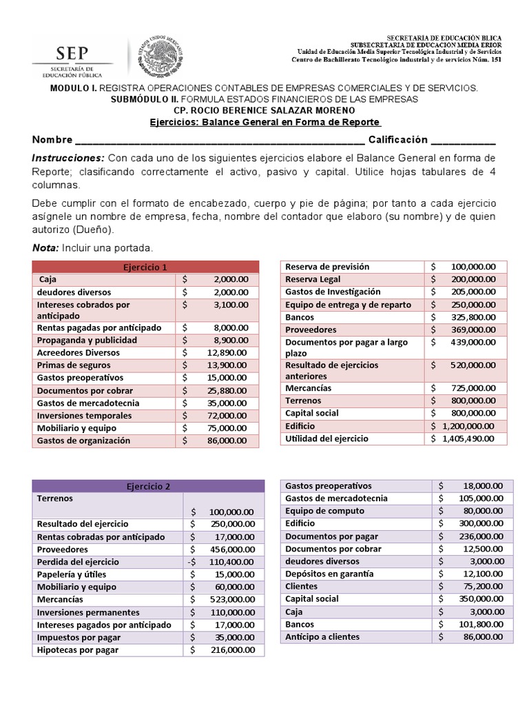 Ejercicios Balance General en Forma de Reporte | PDF | Contabilidad | Servicios financieros