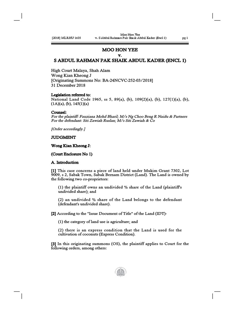Moo Hon Yee v. S Abdul Rahman Pak Shaik Abdul Kader (Encl 1) (2018) MLRHU 1635 | PDF | Breach Of ...