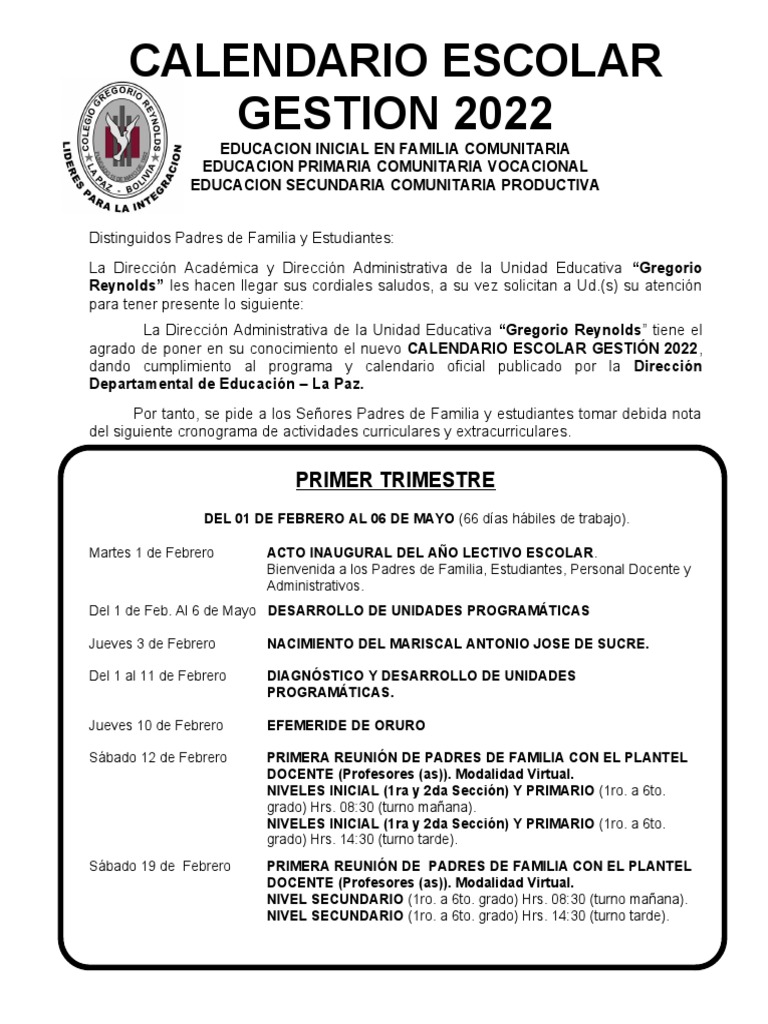 Calendario Escolar 2022 | PDF