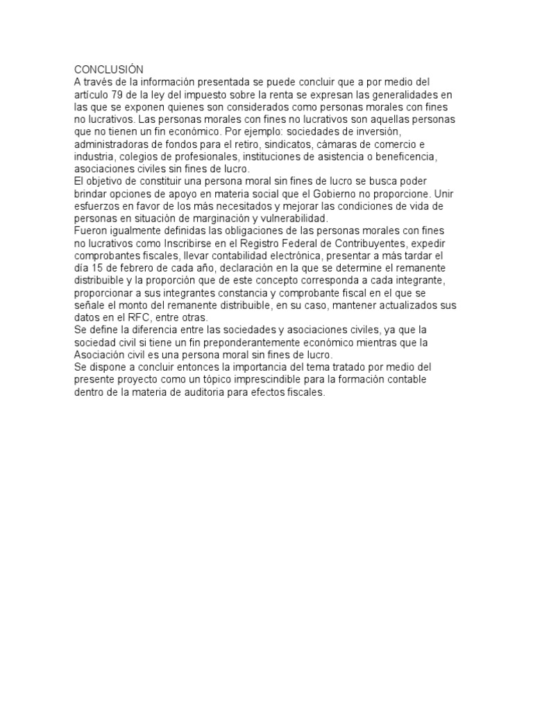Conclusion Las Personas Morales Con Fines No Lucrativos | PDF