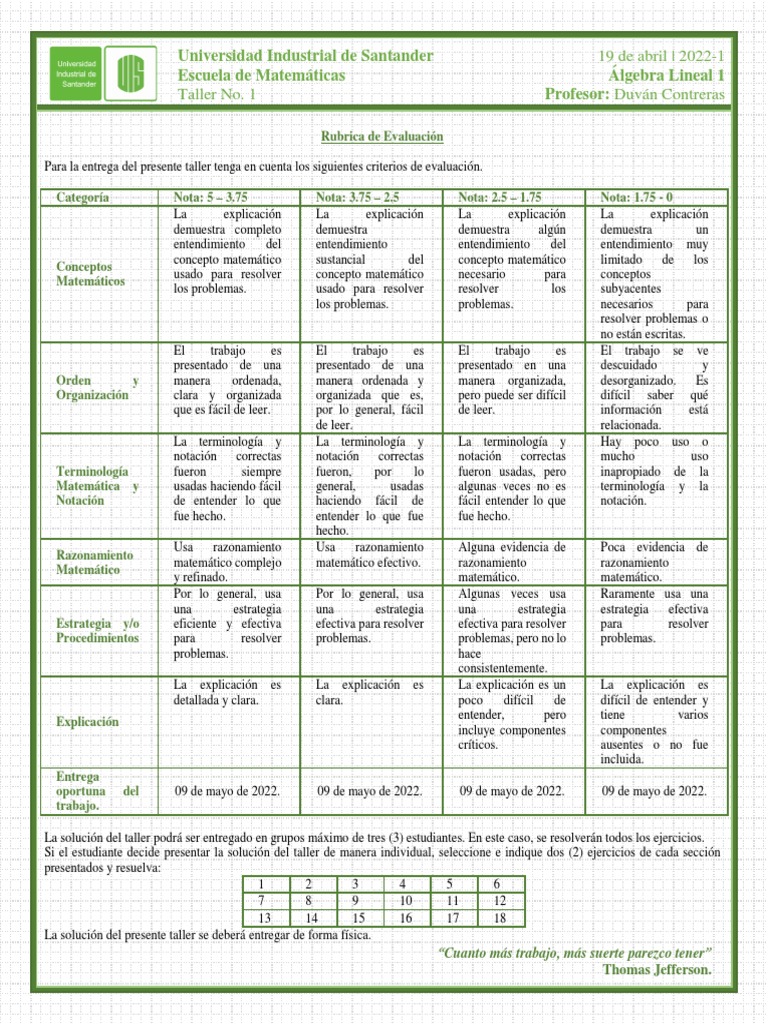Taller No. 1 - Uis - Al1 - 2022-1 - Po1 | PDF | Matemáticas | Geometría analítica