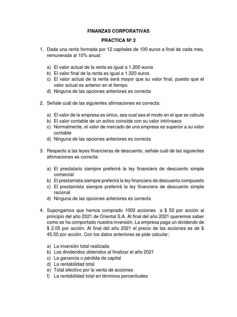 Practica #2 de Finanzas Corporativas | PDF | Compartir (Finanzas) | Opción (Finanzas)