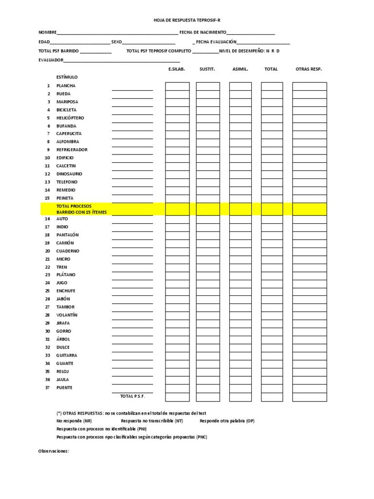 Hoja de Respuesta TEPROSIF-R | PDF