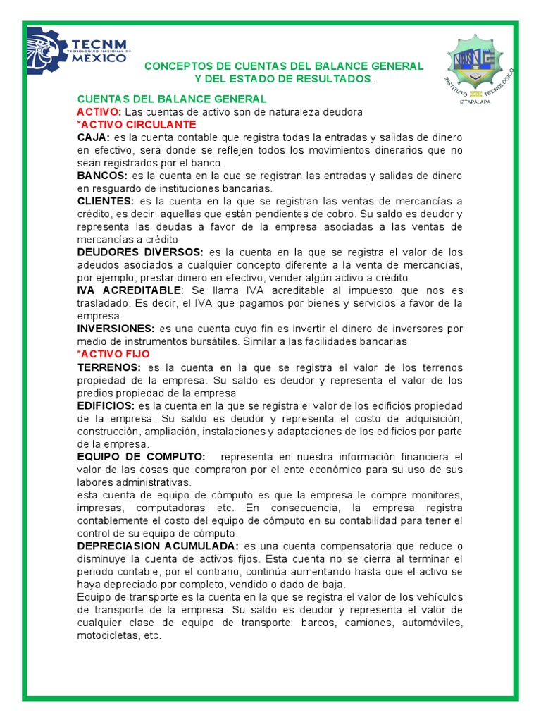 Conceptos de Cuentas Del Balance General y Del Estado de Resultados ...