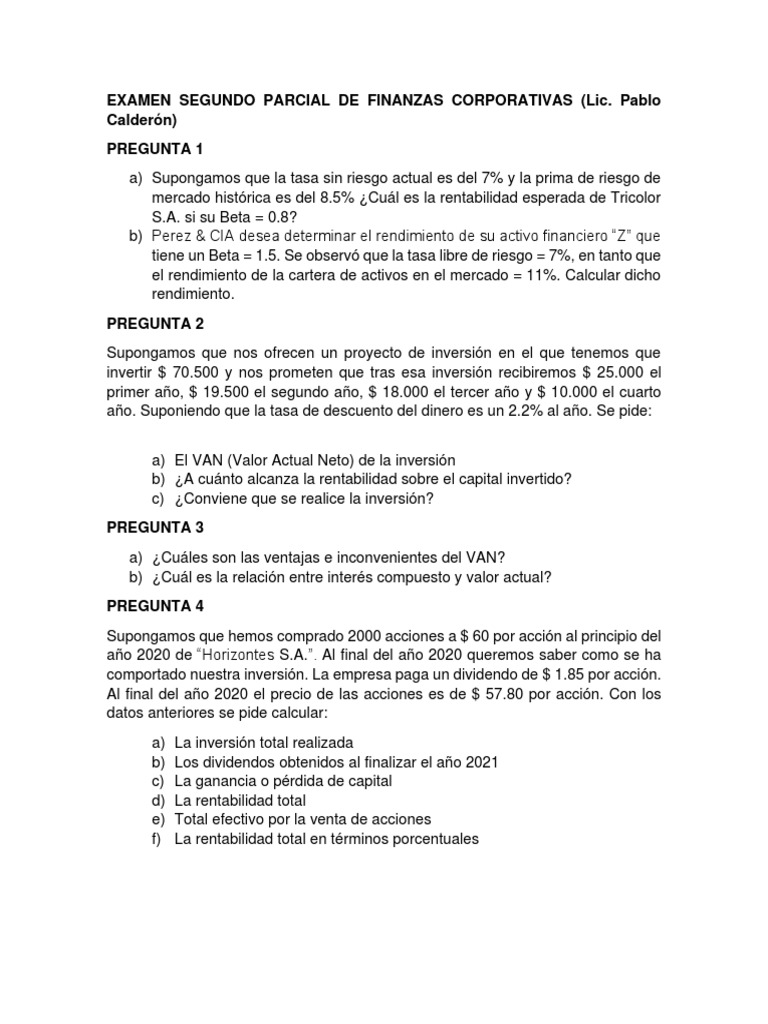 Examen Segundo Parcial de Finanzas Corporativas | PDF | Compartir (Finanzas) | Inversiones