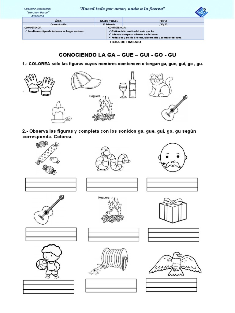 Ficha de Trabajo: Ga, Gue, Gui, Go, Gu | PDF
