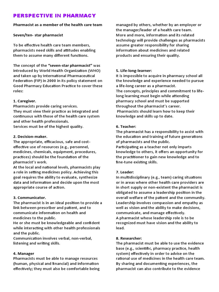 Roles of Pharmacists in Healthcare Team | PDF | Pharmacy | Pharmacist