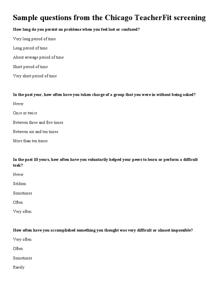 Sample TeacherFit Questions | PDF | Teachers | Psychological Concepts
