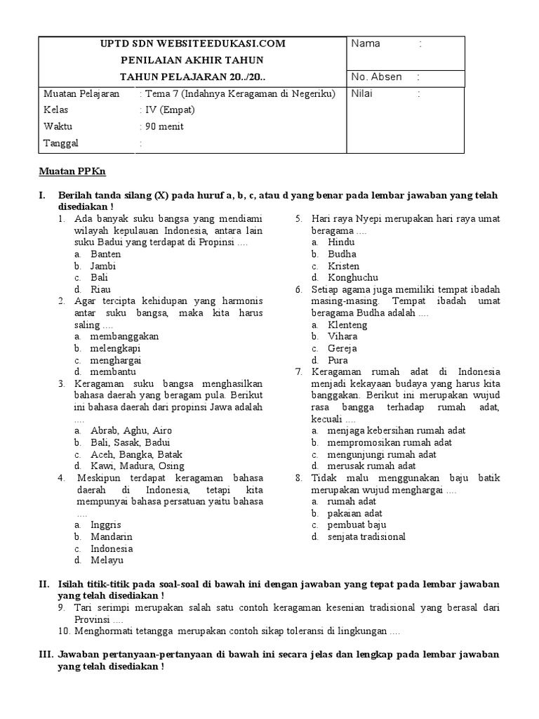 Soal Pat Kelas 4 Tema 7 | PDF | Perjalanan | Seni & Disiplin Bahasa