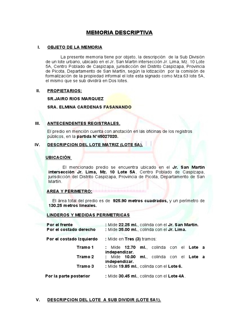 Memoria Descriptiva Lote 5a | PDF