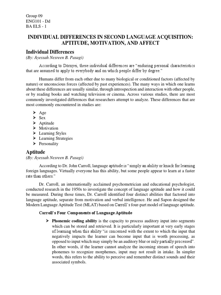 Individual Differences in Second Language Acquisition | PDF | Second Language Acquisition ...