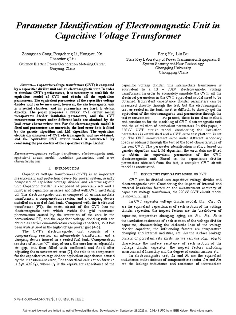 Parameter Identification of Electromagnetic Unit in Capacitive Voltage Transformer | PDF ...