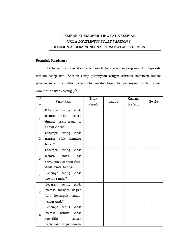 Kuesioner Kualitas Hidup WHOQOL Dan Kesepian | PDF