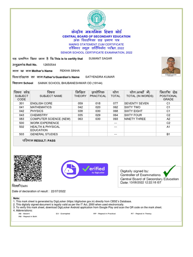 Class 12th Marksheet | PDF