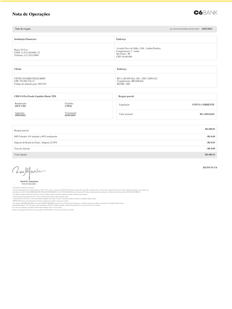 C6 Nota Operacao CDB 01FT5XVG44FSER1YBJ7D701NK7 24 01 2022 | PDF | Comprovante de depósito ...