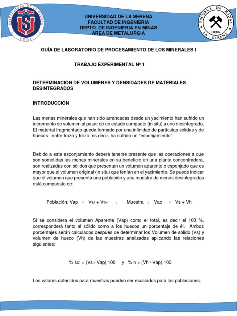 Determinación de volúmenes, densidades y porcentajes de sólidos y ...