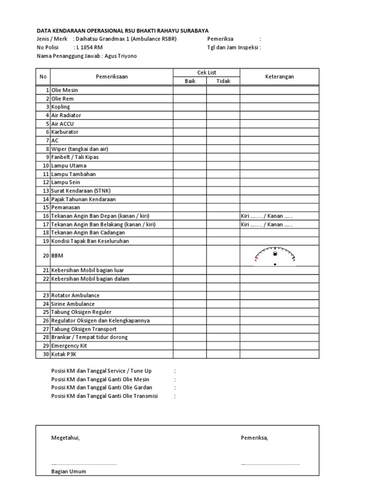 Format Check List Mobil Operasional | PDF