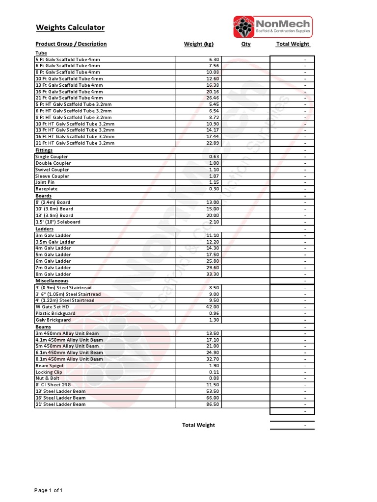 Weights Calculator | Download Free PDF | Scaffolding | Equipment