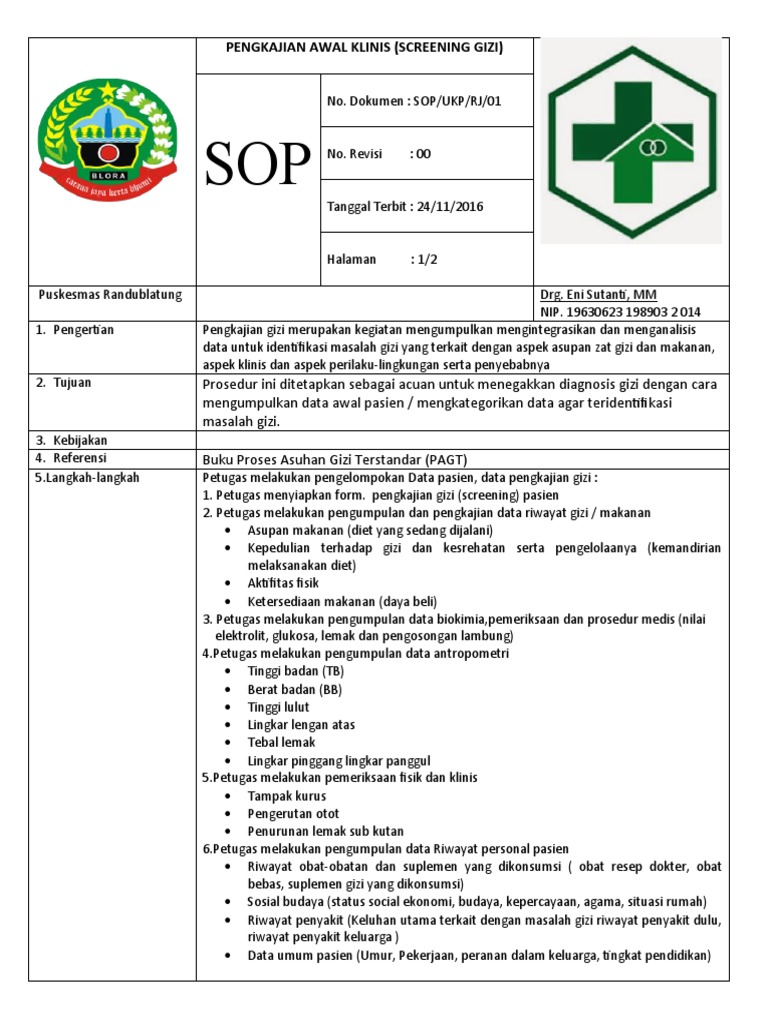 Sop Pengkajian Awal Klinis (Screening Gizi) | PDF