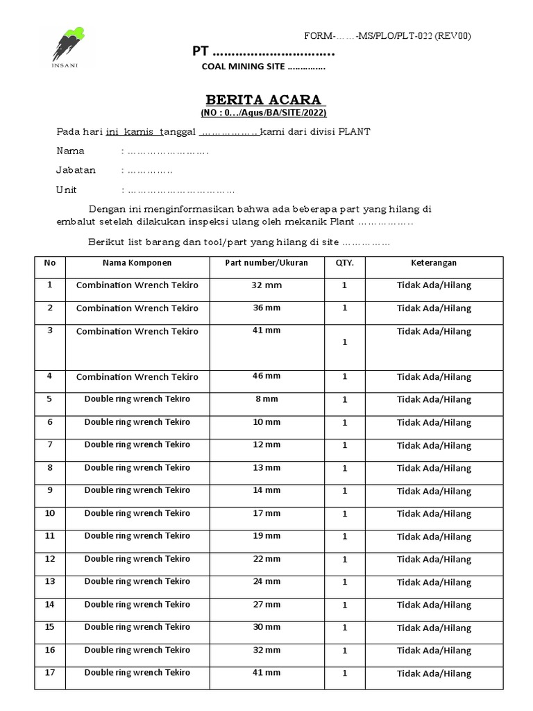 Berita Acara Kehilangan Part Di Port | PDF