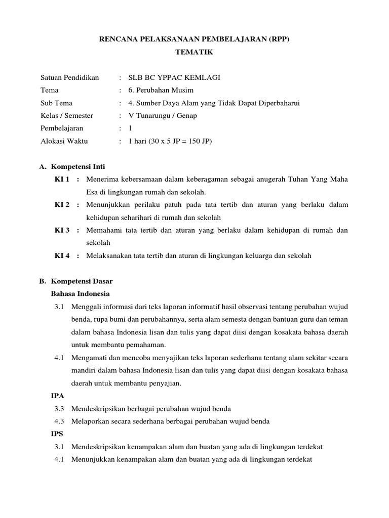 RPP Tematik Kelas V: Sumber Daya Alam | PDF | Karier & Perkembangan