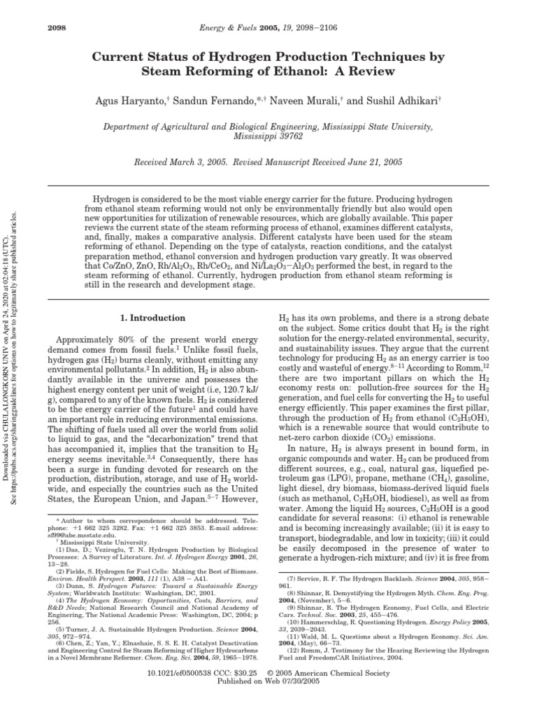 Current Status of Hydrogen Production Techniques by Steam Reforming of ...