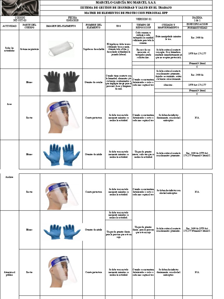 Mt-sst-03 Matriz de Elementos de Proteccion Personal Epp | Descargar ...