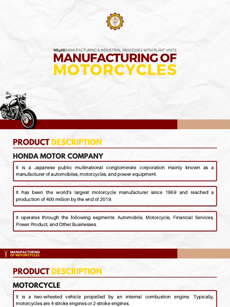 Motorcycle Manufacturing Overview | PDF | Motorcycle | Engines
