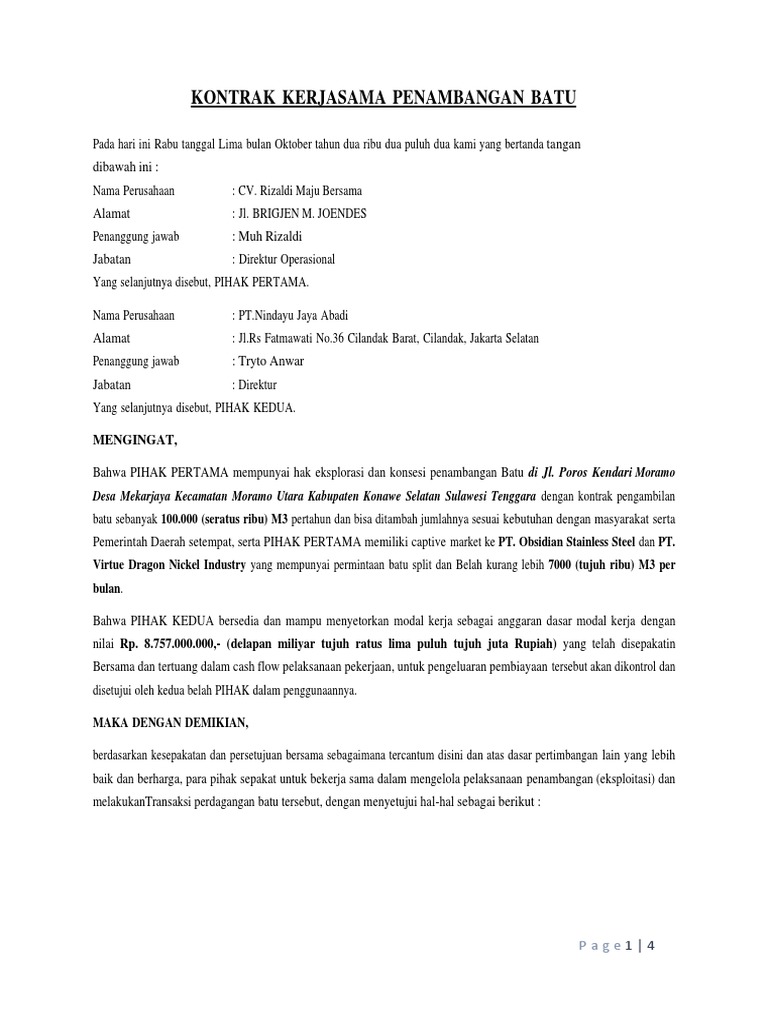 KONTRAK KERJASAMA PENAMBANGAN BATU CV. Rizaldi Maju Bersama | PDF