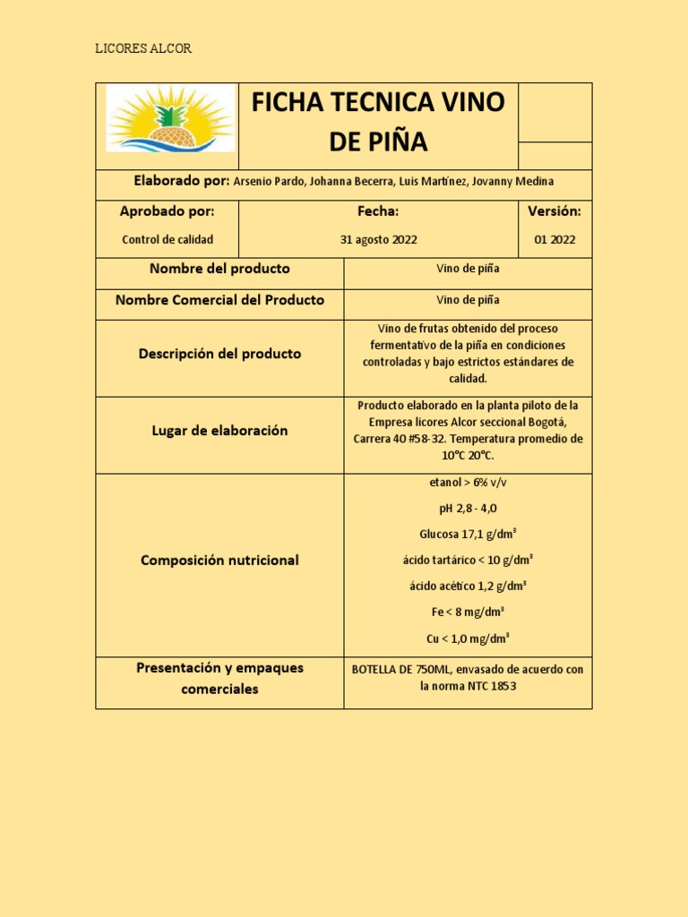 Ficha Tecnica Vino Piña | PDF | Vino | Etanol