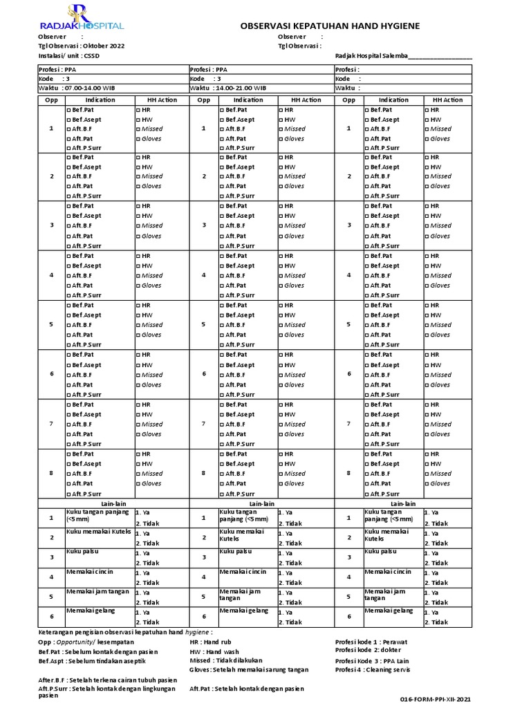 Hand Hygiene Compliance Observation Form | PDF | Pollution | Health ...