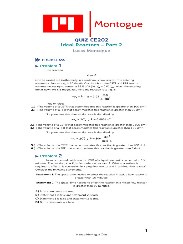 Ideal Reactors Part 2 Solved Problems | PDF | Chemical Reactor ... Ideal Reactors Part 2 Solved Problems | PDF | Chemical Reactor ...