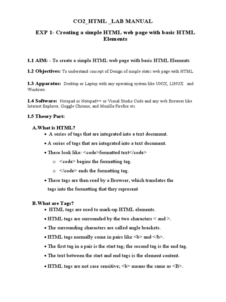 Exp - 1 - HTML - Lab Manual | PDF | Html | Html Element Exp - 1 - HTML - Lab Manual | PDF | Html | Html Element
