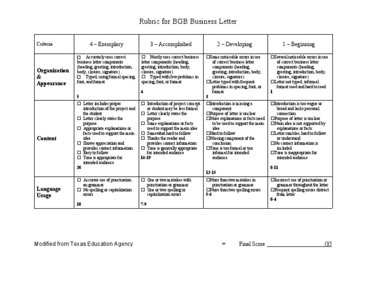 BGB Business Letter Rubric | PDF | Grammar | Signature