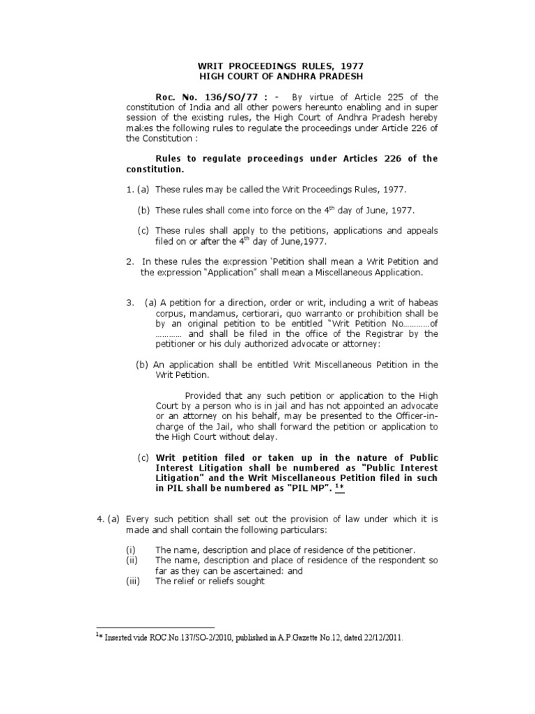 ANDHRA PRADESH Writ Proceeding Rules | PDF | Writ | Affidavit