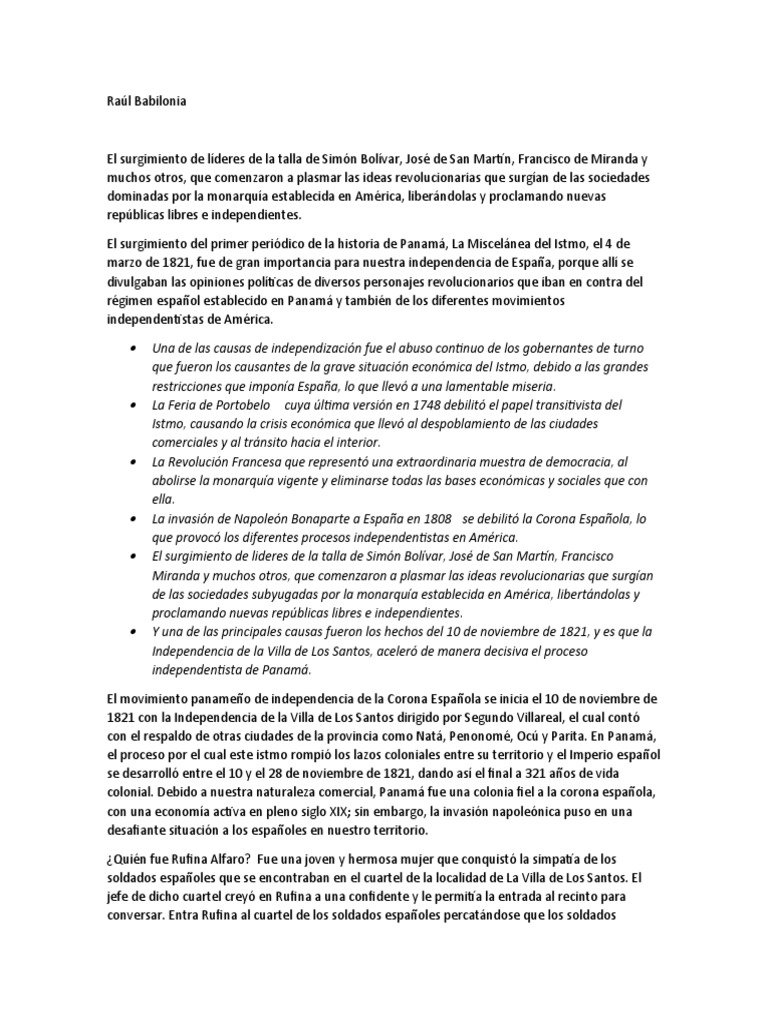 Independencia de Panamá en 1821 | PDF | Panamá | America latina