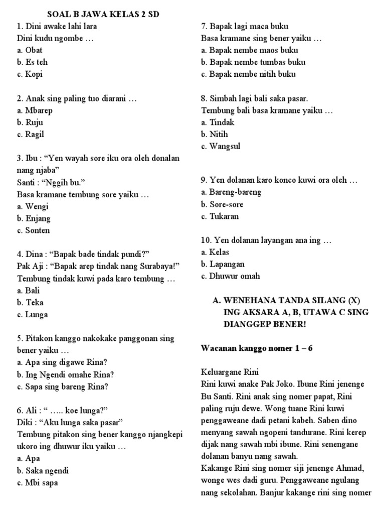 SOAL B JAWA KELAS 2 SD - V | PDF